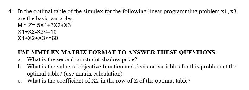 Solved 4- In the optimal table of the simplex for the | Chegg.com
