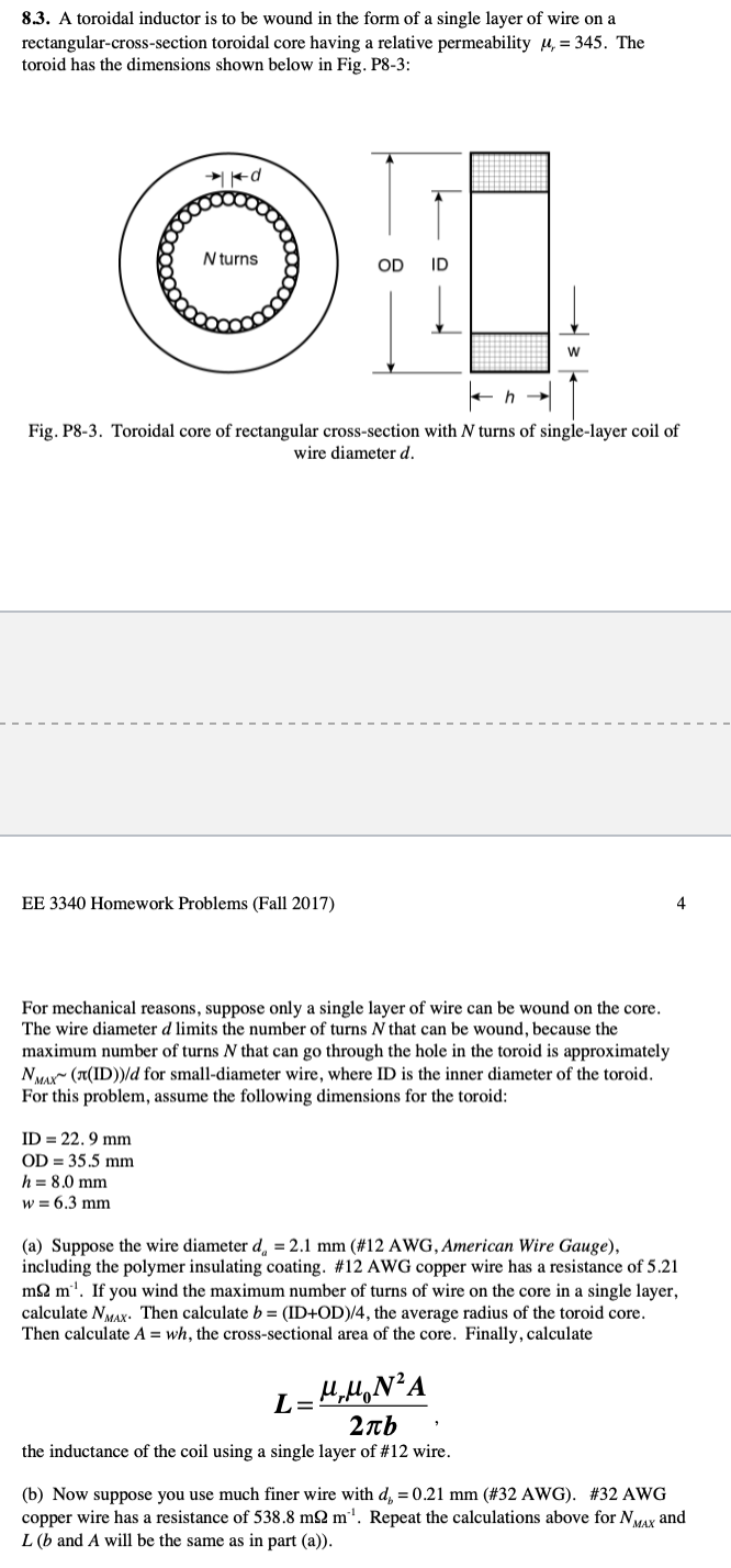 Solved 8.3. A toroidal inductor is to be wound in the form | Chegg.com