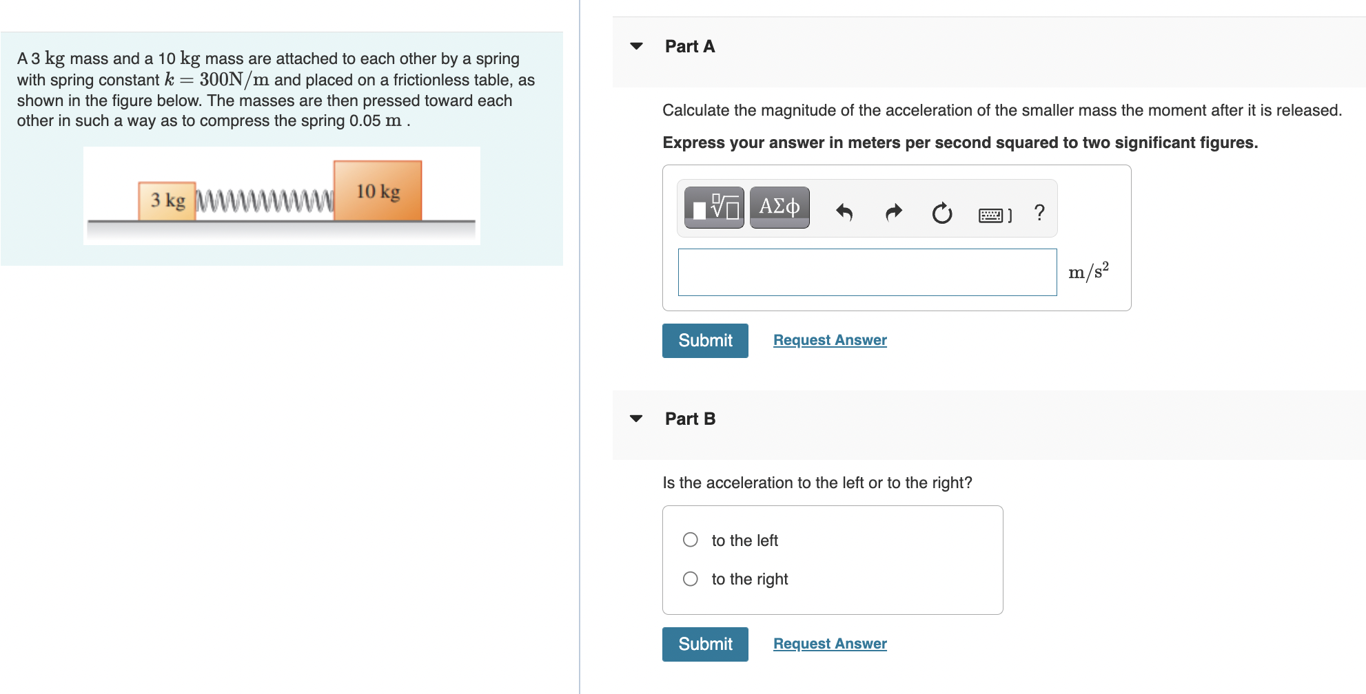 Solved A 3 kg mass and a 10 kg mass are attached to each | Chegg.com