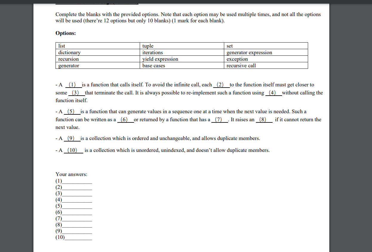 Solved Complete the blanks with the provided options. Note | Chegg.com