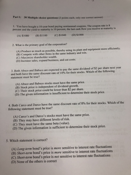 Solved Part I. 30 Multiple choice questions (2 points each; | Chegg.com