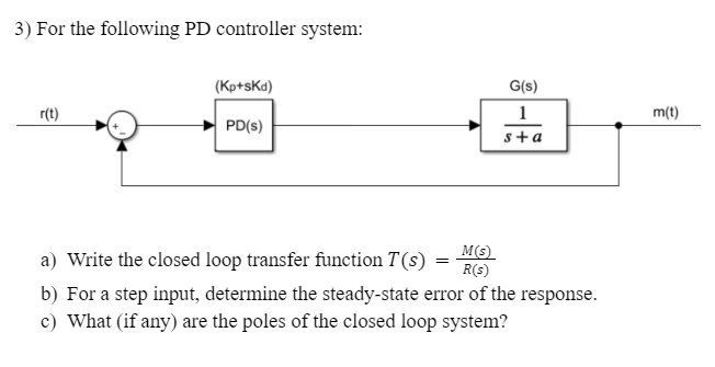 Solved 3) For the following PD controller system: a) Write | Chegg.com