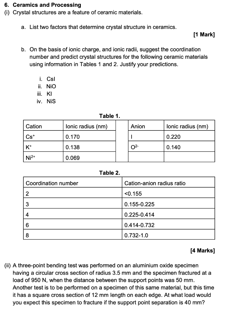 Solved 6. Ceramics and Processing (i) Crystal structures are | Chegg.com