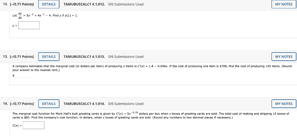 Solved 12. [-/0.71 Points] DETAILS TAMUBUSCALC1 4.1.012. 0/6 | Chegg.com