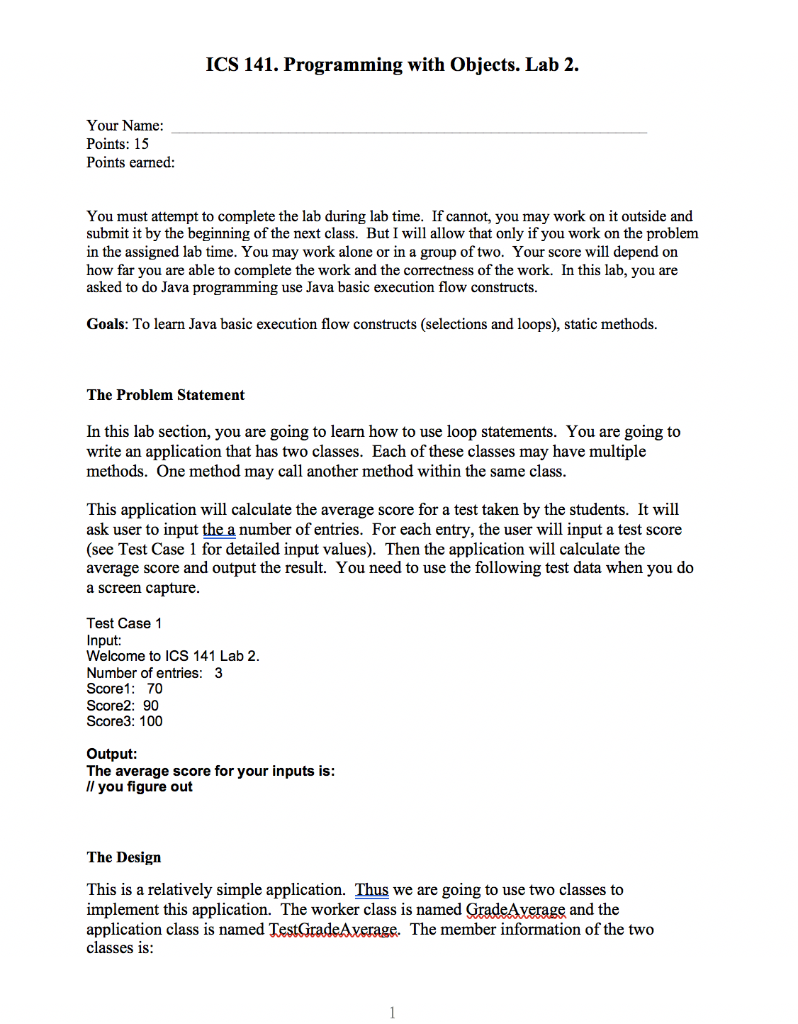 Solved ICS 141. Programming with Objects. Lab 2. Your Name: | Chegg.com