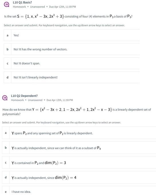 Solved L10 Q1 Basis? Homework . Unanswered. Due Apr 12th, | Chegg.com