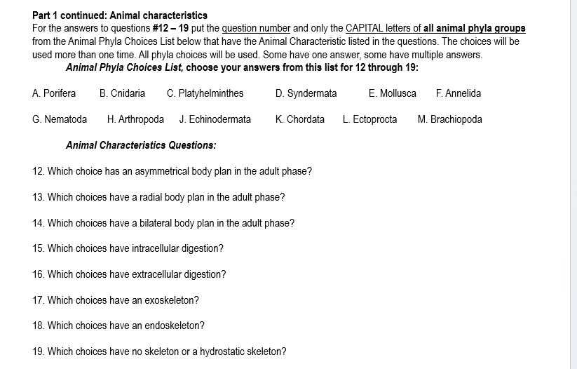 Solved Part 1 continued: Animal characteristics For the | Chegg.com