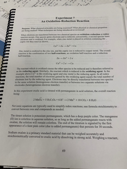 Solved Experiment 7 An Oxidation-Reduction Reaction | Chegg.com