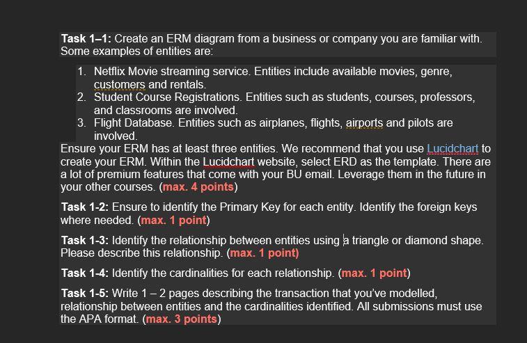 Solved Task 1-1: Create an ERM diagram from a business or | Chegg.com