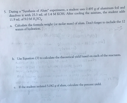Solved During a “Synthesis of Alum” experiment, a student | Chegg.com