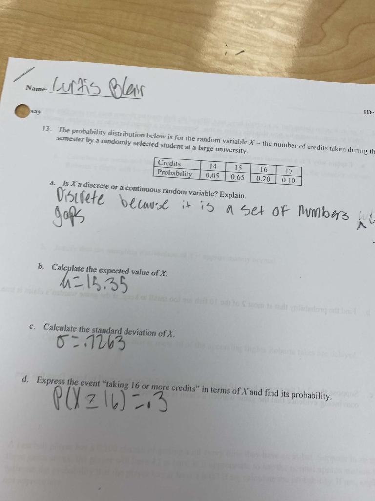 Solved Name: Curtis Blair sas ID: 13. The probability | Chegg.com