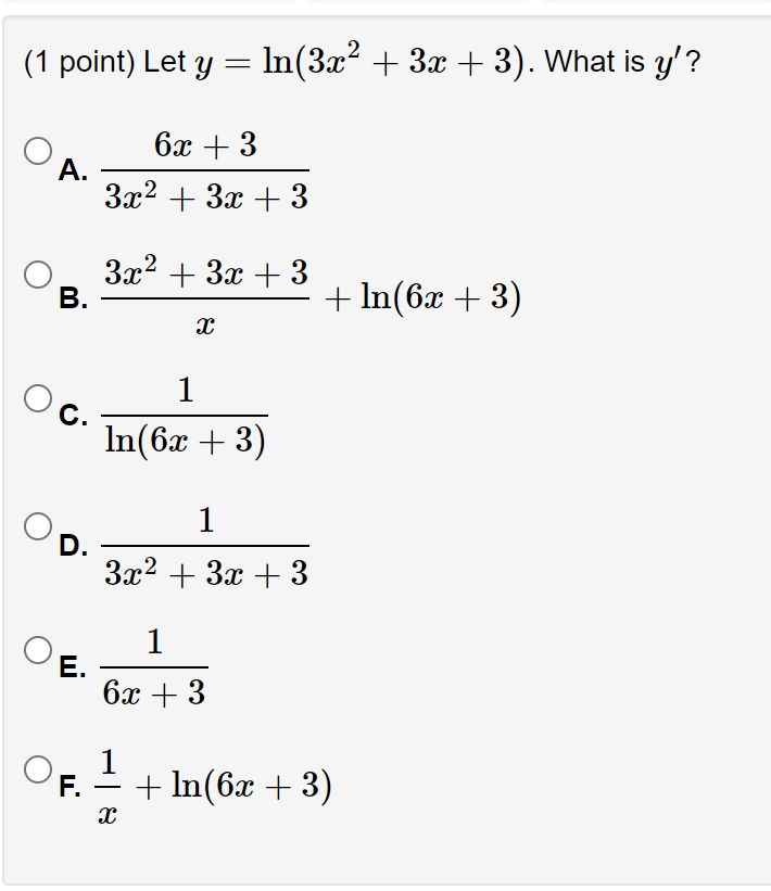 Solved (1 point) Let f(x)=lnx. What is f′(e)? A. xe B. e C. | Chegg.com