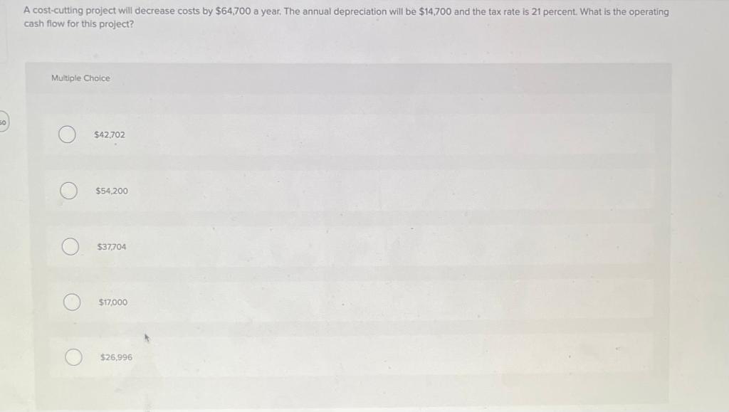 Solved A cost-cutting project will decrease costs by $64,700 | Chegg.com