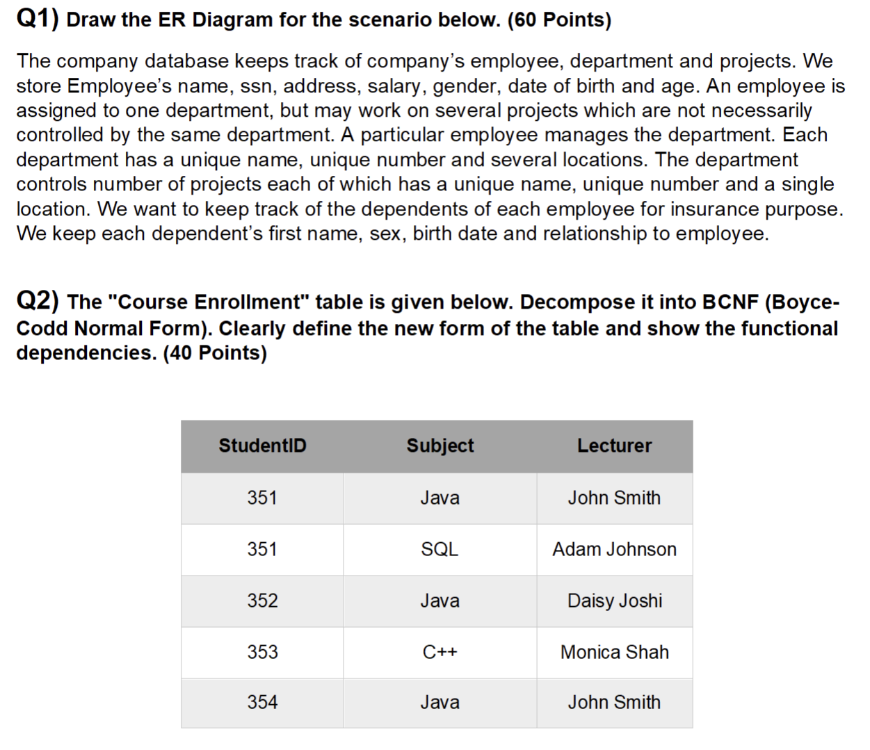 Solved Q1) ﻿Draw the ER Diagram for the scenario below. (60 | Chegg.com