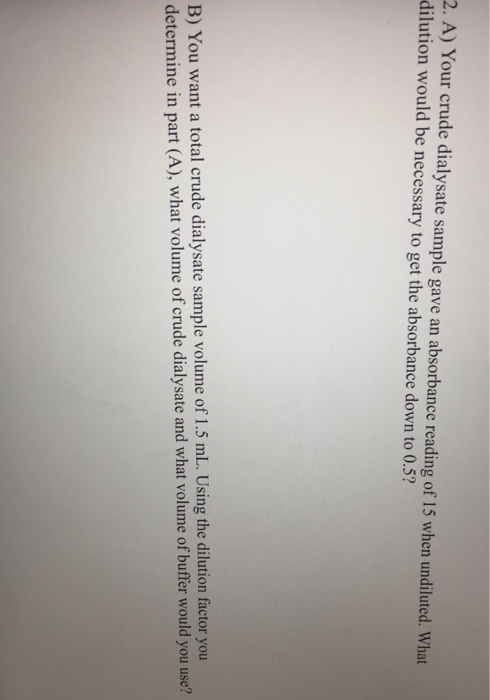 Solved 2. A) Your crude dialysate sample gave an absorbance | Chegg.com