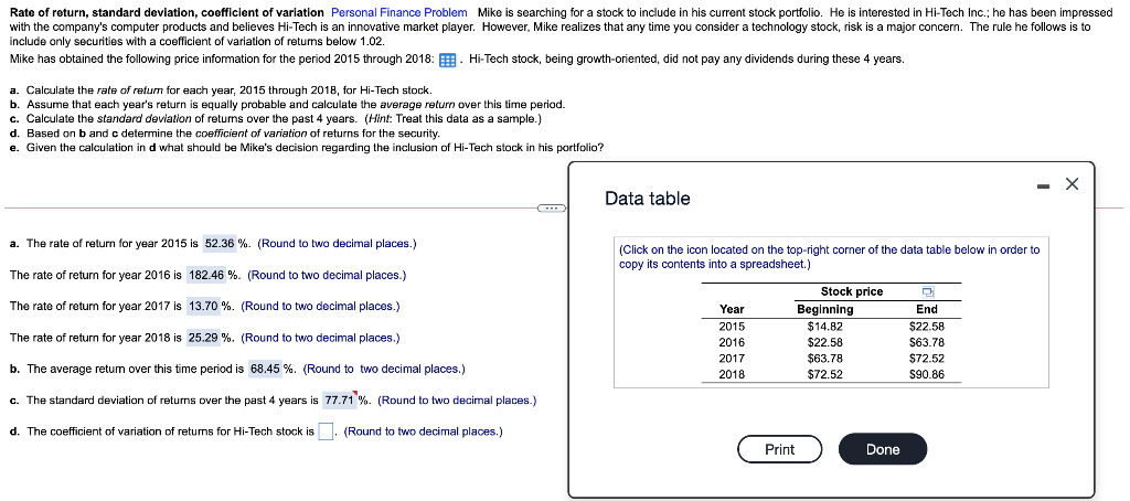 Solved Rate of return, standard deviation, coefficient of | Chegg.com