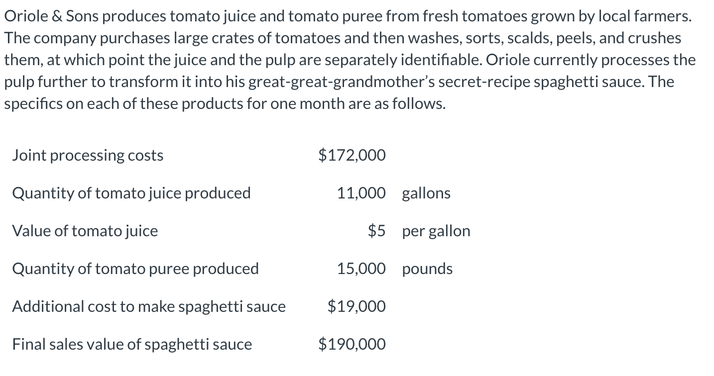 Solved Oriole \& Sons produces tomato juice and tomato puree | Chegg.com