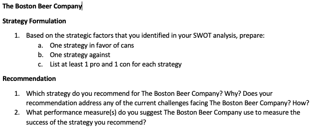 Solved The Boston Beer Company Strategy Formulation 1. Based | Chegg.com
