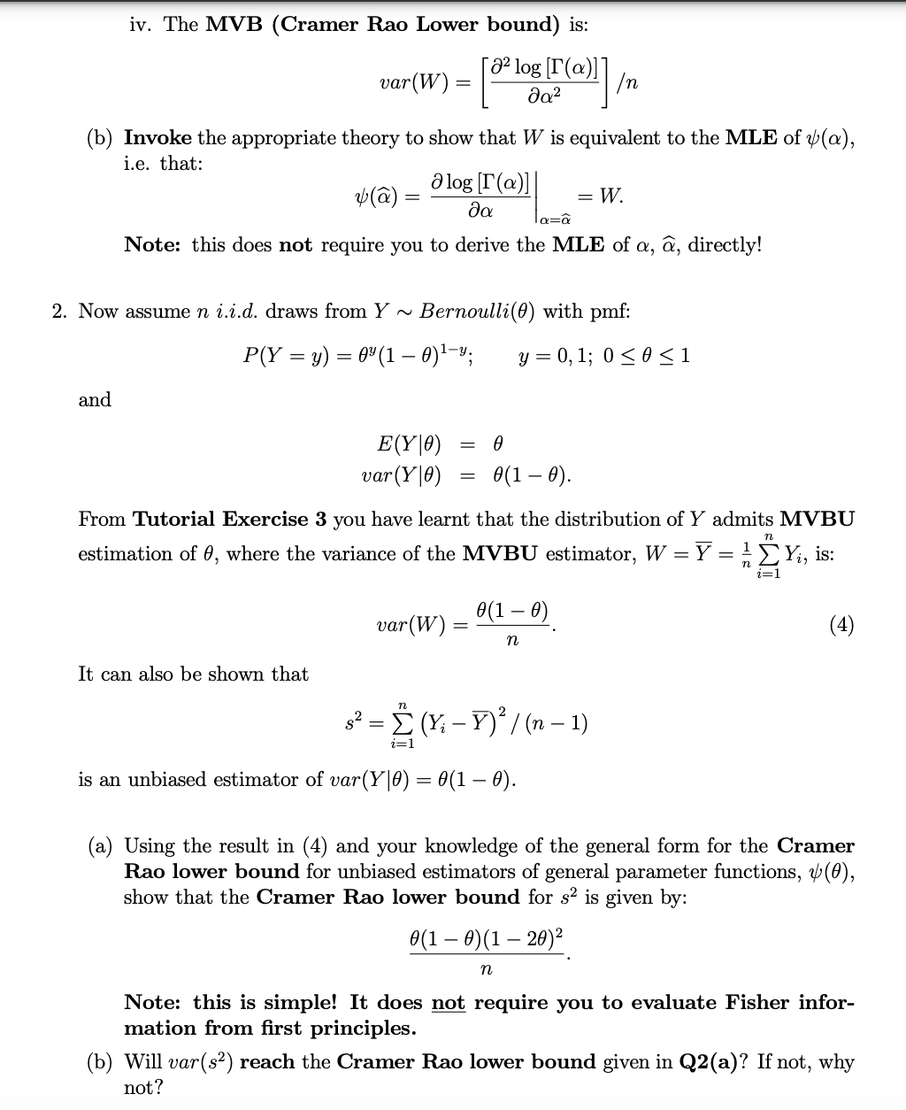 Solved iv. The MVB (Cramer Rao Lower bound) is: | Chegg.com