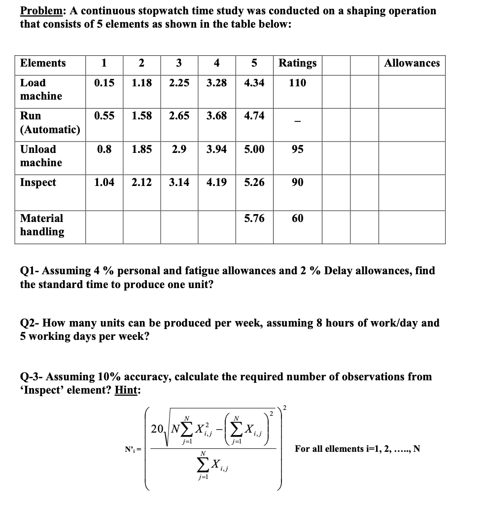 Solved Problem: A continuous stopwatch time study was | Chegg.com