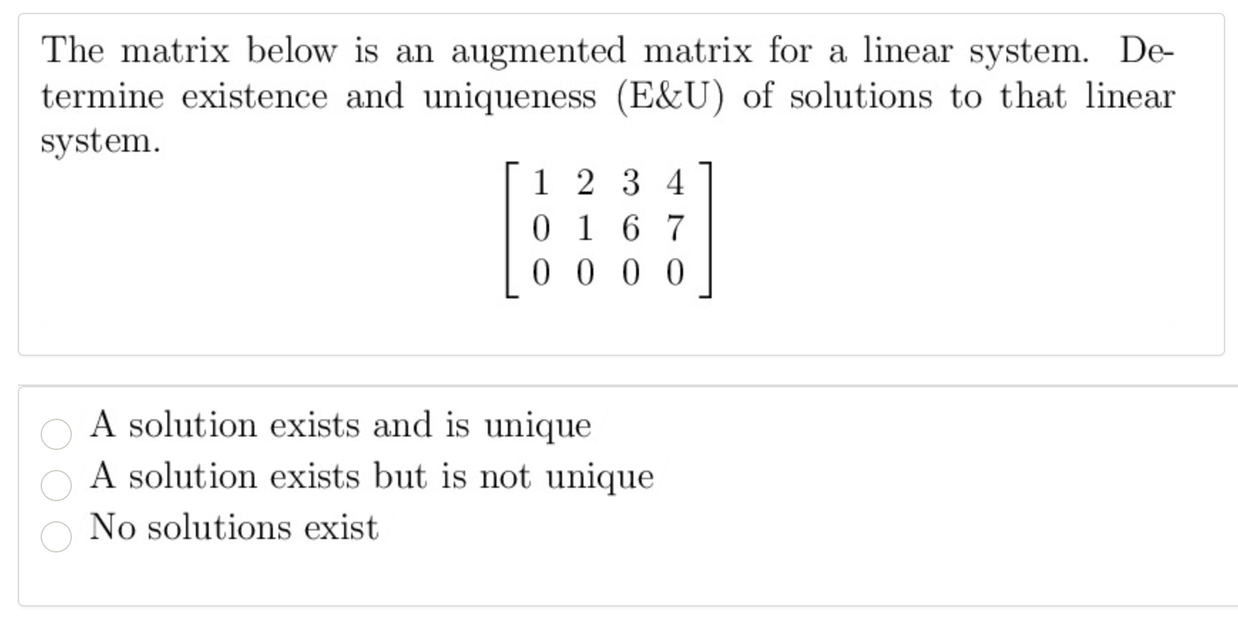 Solved The matrix below is an augmented matrix for a linear | Chegg.com