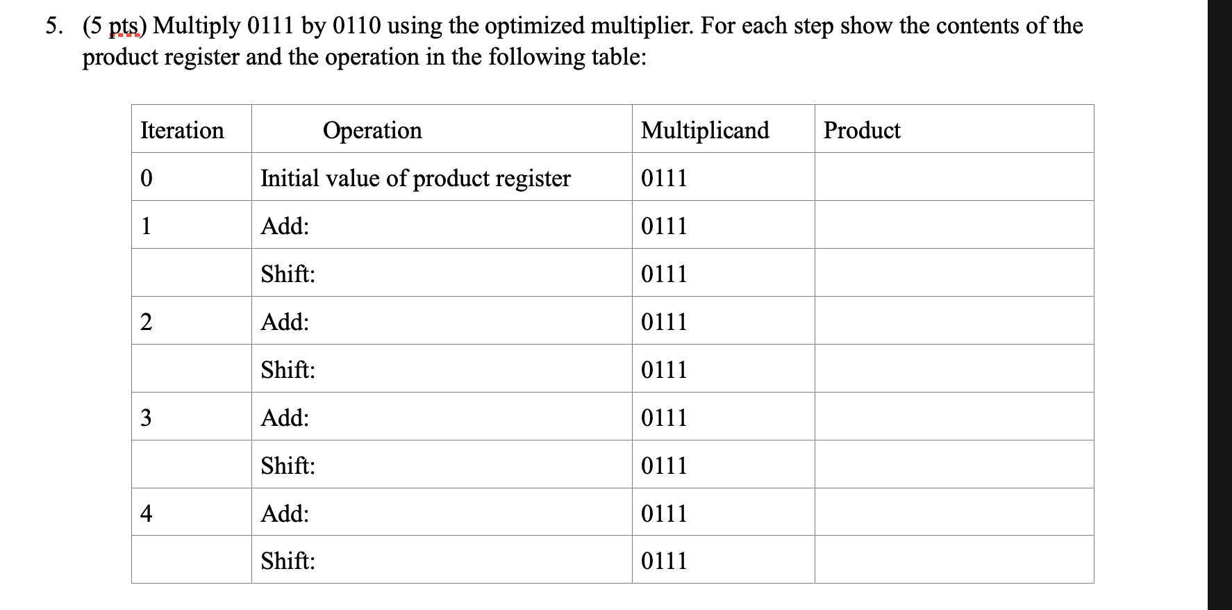 Solved 5. (5 pts) Multiply 0111 by 0110 using the optimized | Chegg.com