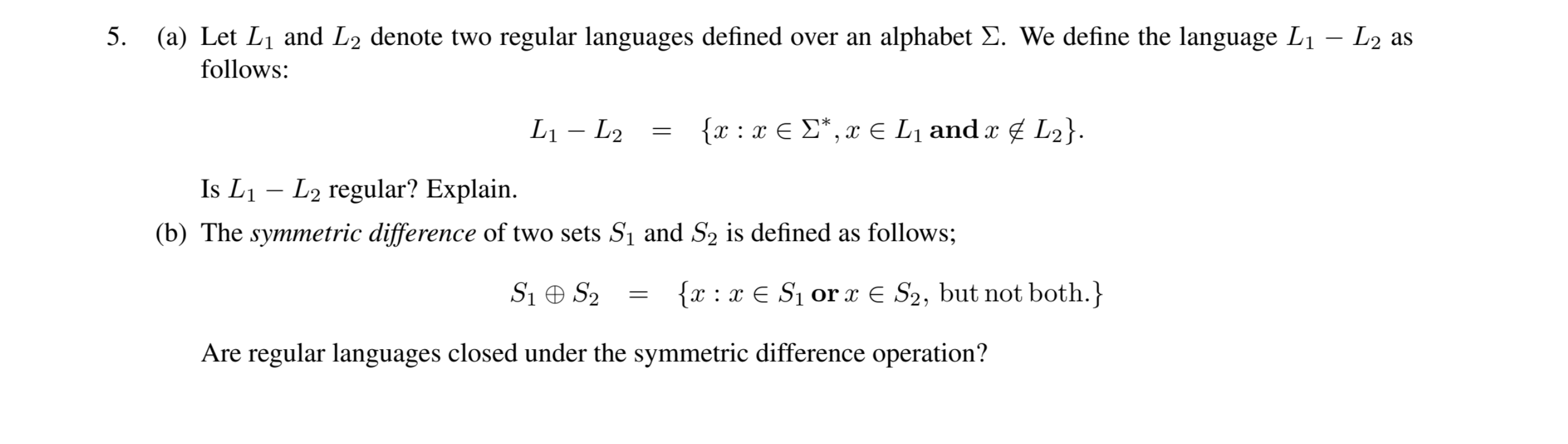 Solved 5. (a) Let Lị and L2 denote two regular languages | Chegg.com