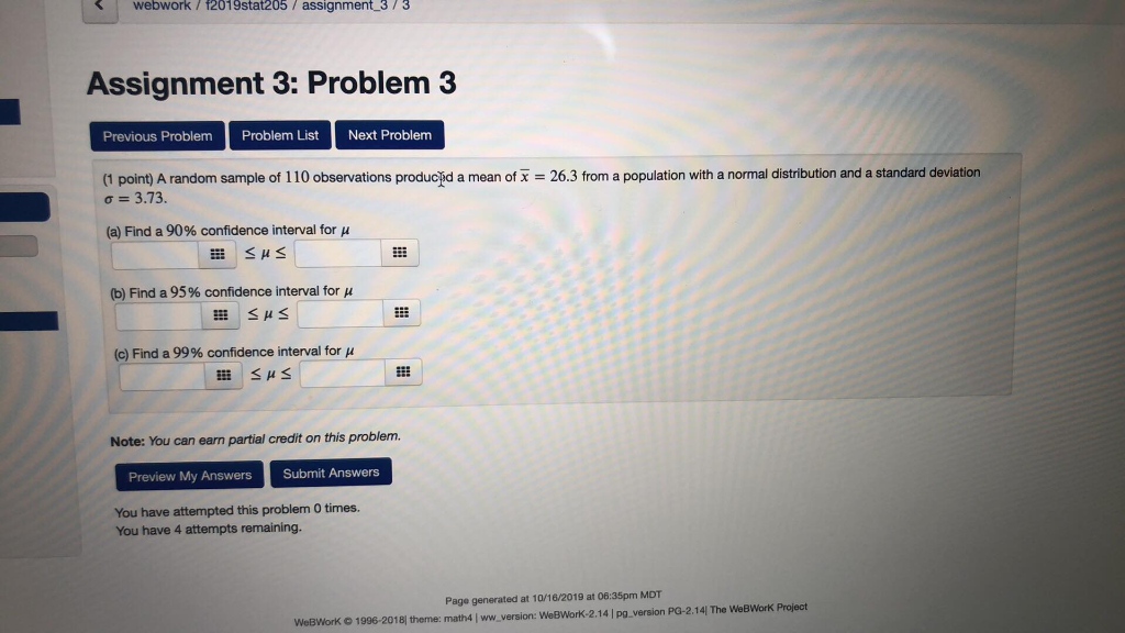 Solved webwork / 12019stat205/ assignment 3/3 Assignment 3: | Chegg.com