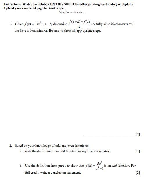 Solved Instructions: Write your solution ON THIS SHEET by | Chegg.com