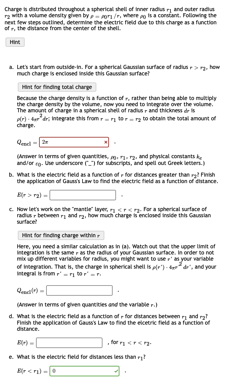 Solved Charge is distributed throughout a spherical shell of | Chegg.com