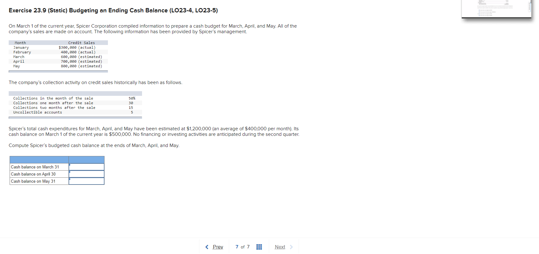 Solved Exercise 23.9 (Static) Budgeting an Ending Cash | Chegg.com