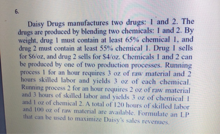 Solved 6. Daisy Drugs manufactures two drugs: 1 and 2. The | Chegg.com