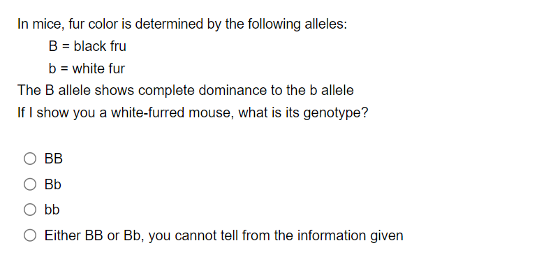 Solved In mice, fur color is determined by the following | Chegg.com