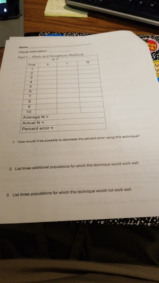 Name Visual estimation Part 1 - Mark and Recapture | Chegg.com