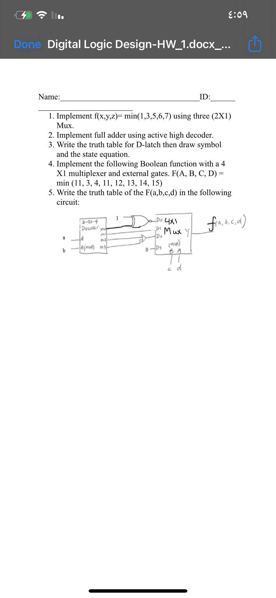 Solved E:09 Done Digital Logic Design-HW_1.docx_... Name: | Chegg.com