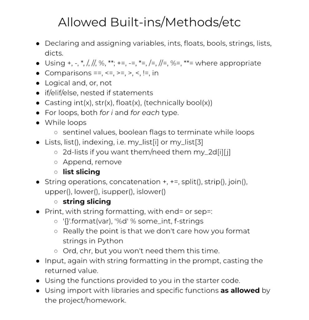 Solved Allowed Built-ins/Methods/etc • Declaring and | Chegg.com