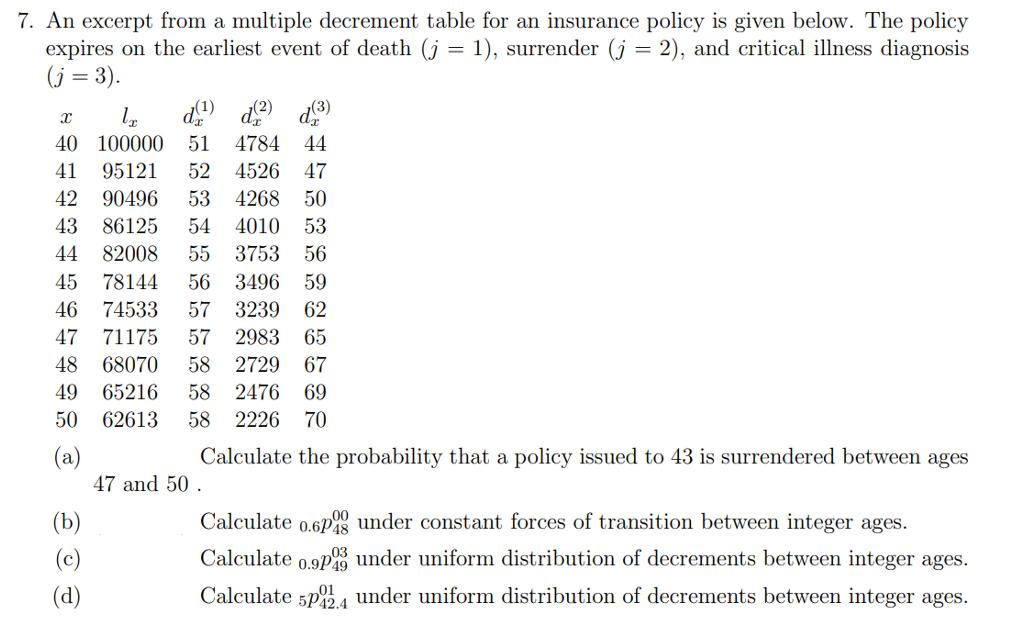 Solved 7. An excerpt from a multiple decrement table for an | Chegg.com