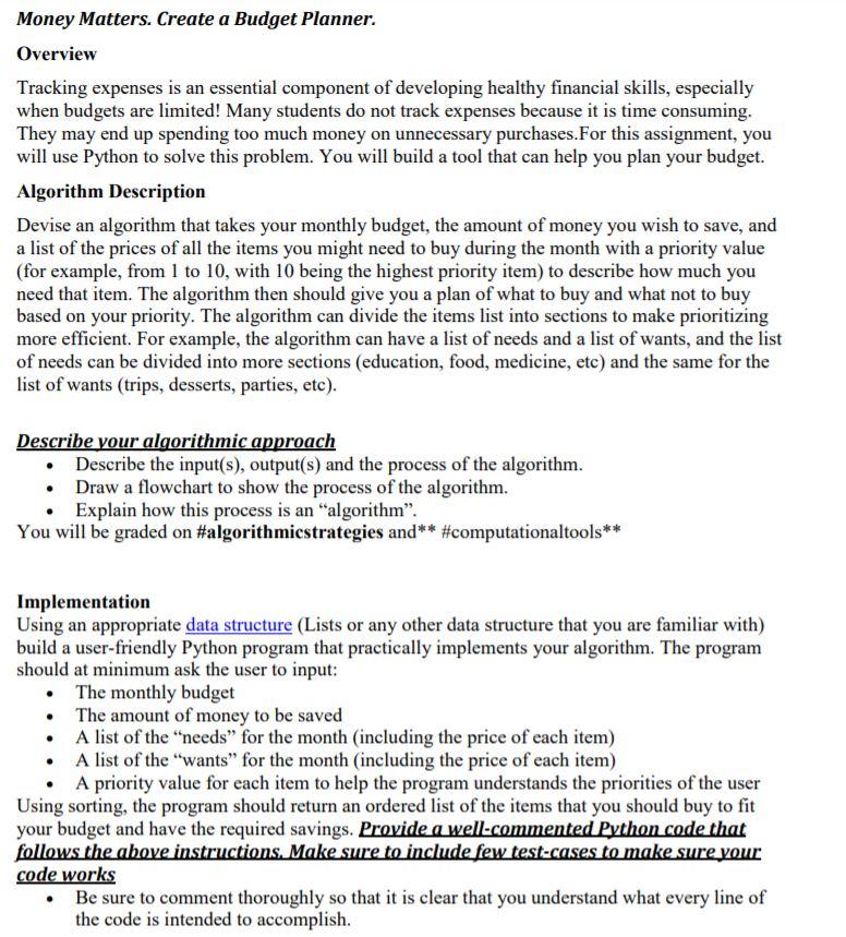 Solved Money Matters. Create a Budget Planner. Overview | Chegg.com