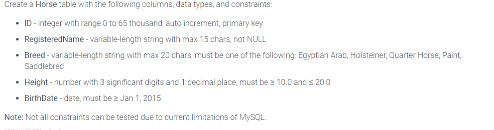 Solved Create a Horse table with the following columns, data | Chegg.com