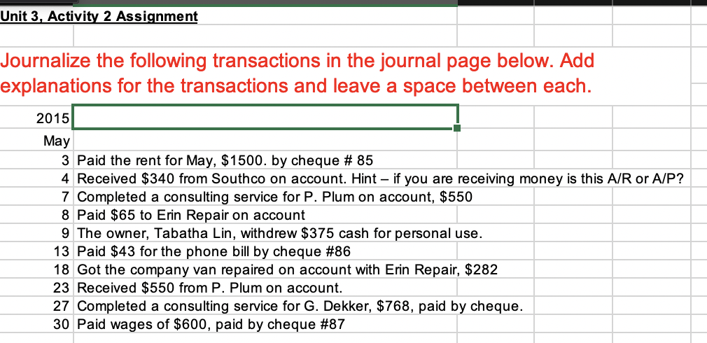 Solved Unit 3, Activity 2 Assignment Journalize the | Chegg.com