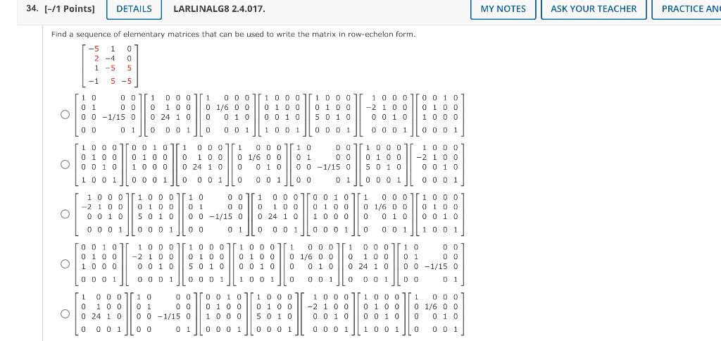 Solved ⎣⎡−521−11−4−55005−5⎦⎤ | Chegg.com