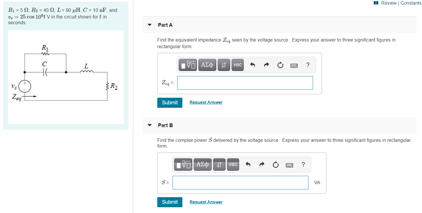 Solved Review Constants R1 = 52, R2 = 40 12, L = 90 uH, C = | Chegg.com