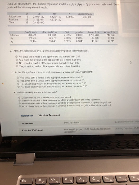 Solved Using 20 observations, the multiple regression model | Chegg.com