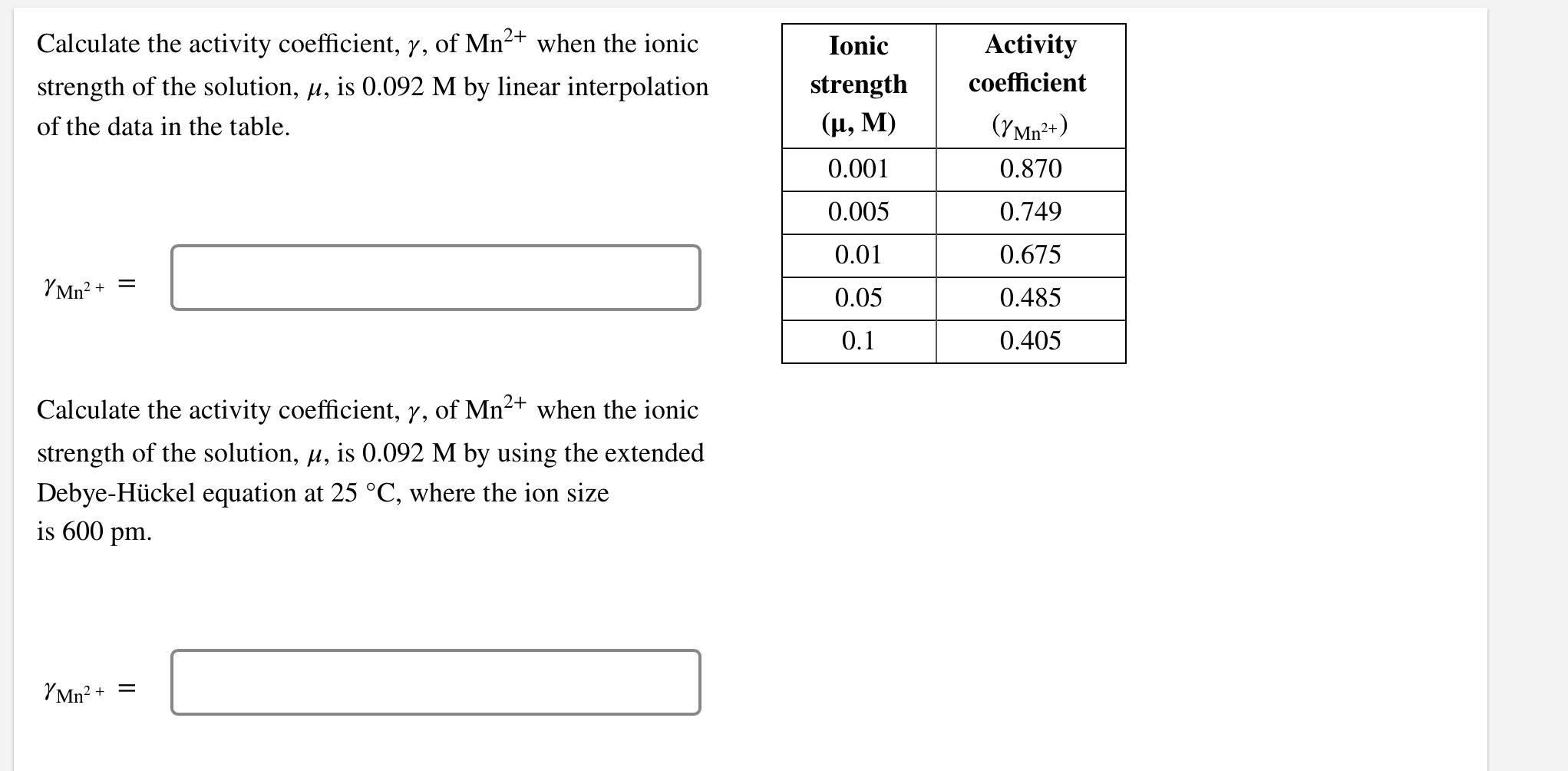 Solved Calculate the activity coefficient, y, of Mn2+ when | Chegg.com