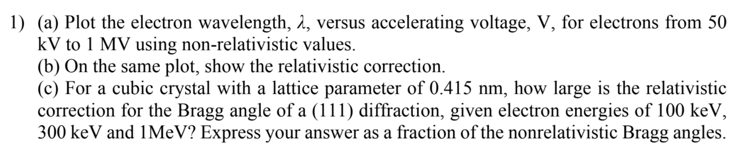Solved 1) (a) Plot the electron wavelength, 2, versus | Chegg.com
