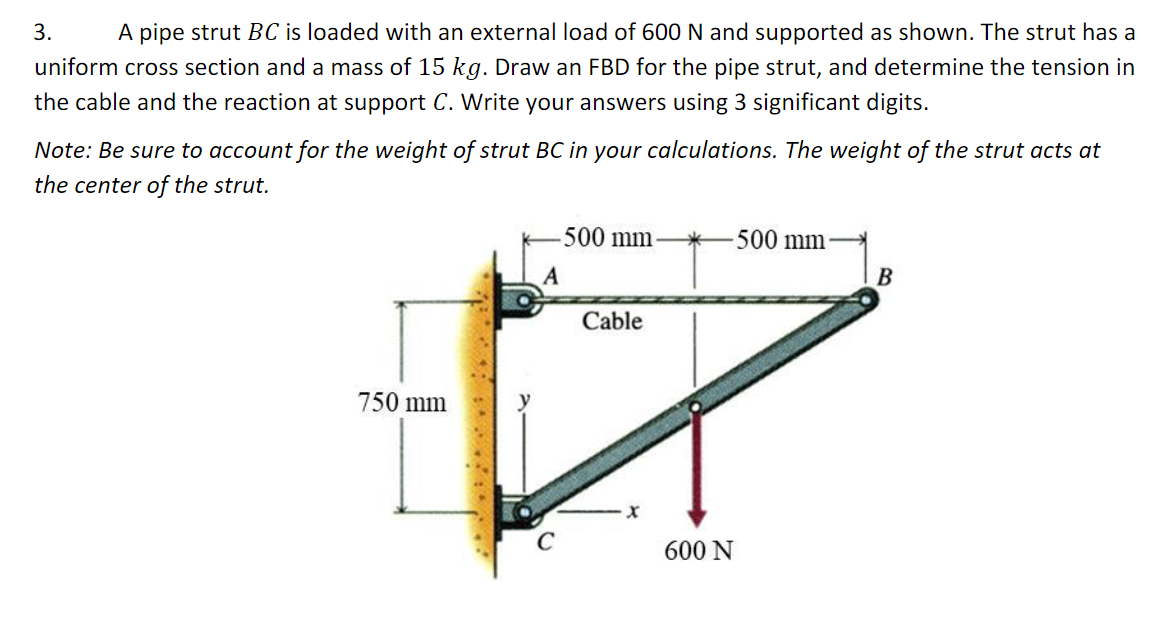 Solved 3. A pipe strut BC is loaded with an external load of | Chegg.com