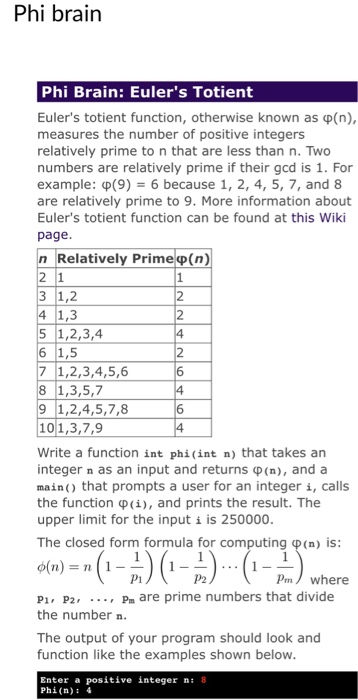 Solved Phi brairn Phi Brain: Euler's Totient Euler's totient | Chegg.com