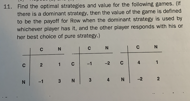 Solved 11. Find the optimal strategies and value for the | Chegg.com