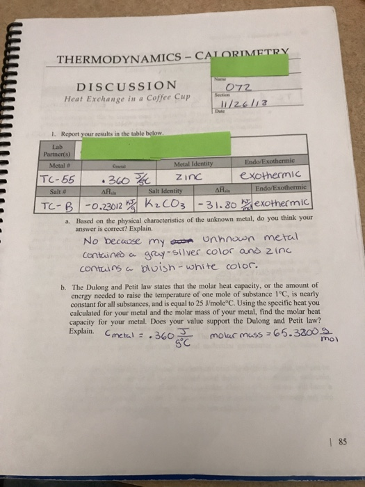 Solved THERMODYNAMICS- CALORIMET DISCUSSION Heat Exchange in | Chegg.com