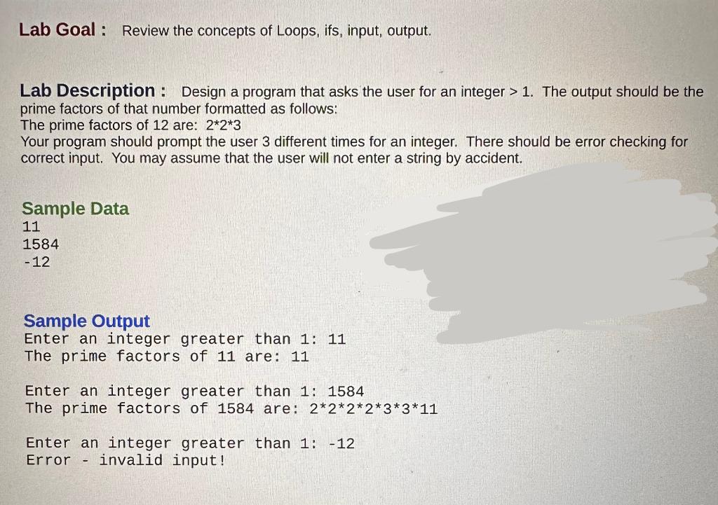 Solved Lab Goal : Review the concepts of Loops, ifs, input, | Chegg.com